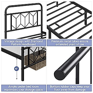 Yaheetech Metal Platform Bed Frame Mattress Foundation with Diamond Pattern Headboard/Footboard/Heavy Duty Steel Slat Support/Under Bed Storage/No Box Spring Needed/Twin Size Black