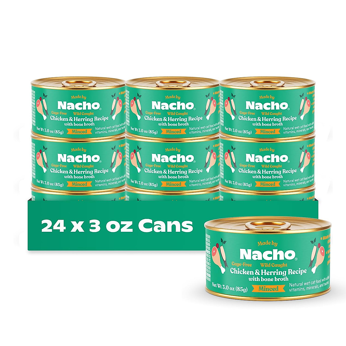 Made by Nacho Premium Minced Wet Cat Food with Hydrating Bone Broth 3.0oz (24 Packs) (Cage-Free Chicken and Wild-Caught Herring)