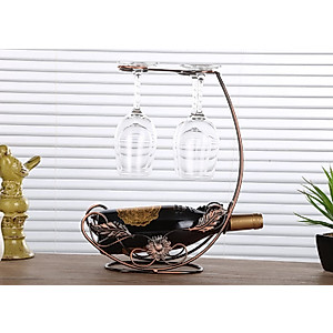 Homya Tabletop Metal Wine Glass Holder, Wine Countertop Goblet Holder Kitchen Bar Display Stand for Handy Wine Glasses Wine Bottle Holds 1 and 4 Wine Glasses, Table Wine Bottle Accessories, Bronze