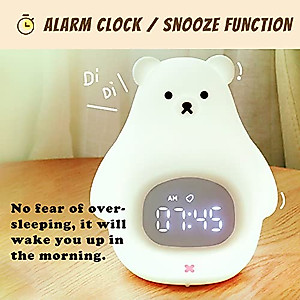 JROSING Bear Night Light, Cute Kids Alarm Clock, Soft BPA-Free Silicone Portable Nursery Lamp, Children USB Rechargeable Nightlight for Girls Boys Toddler Birthday Gifts Bedroom Room Decor