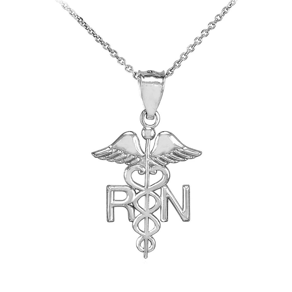American Heroes Polished 10k White Gold Caduceus RN Charm Registered Nurse Pendant Necklace, 18"