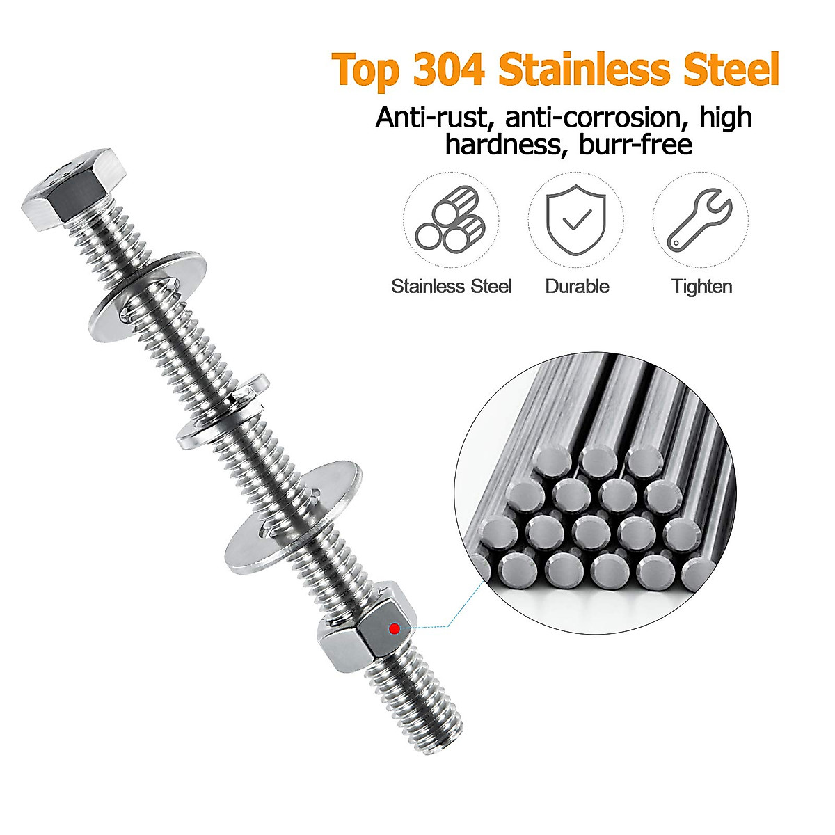 3/8-16x4 Stainless Steel Hex Head Screws Bolts, Nuts, Flat & Lock Washers Kits, 304 Stainless Steel 18-8,Fully Threaded,4 Sets