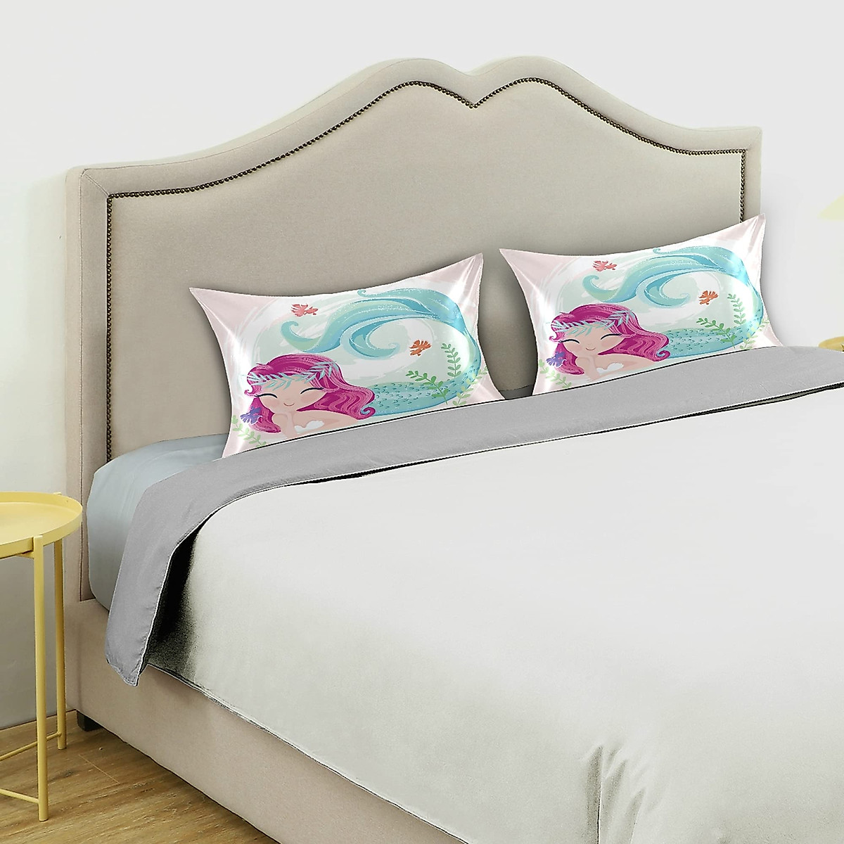 Dalzium Cute Mermaid Satin Pillowcase for Hair and Skin, Ocean Mermaid Girl Silk Pillow Case with Envelope Closure, Standard Size 20x26 inches, Pink, 1 PC