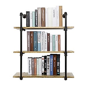 YU YUSING 3 Tier Industrial Pipe Wall Shelf, Rustic Floating Bar Shelves, Wood and Metal Bookshelves for Bedrooms, Bathroom and Kitchens Shelving