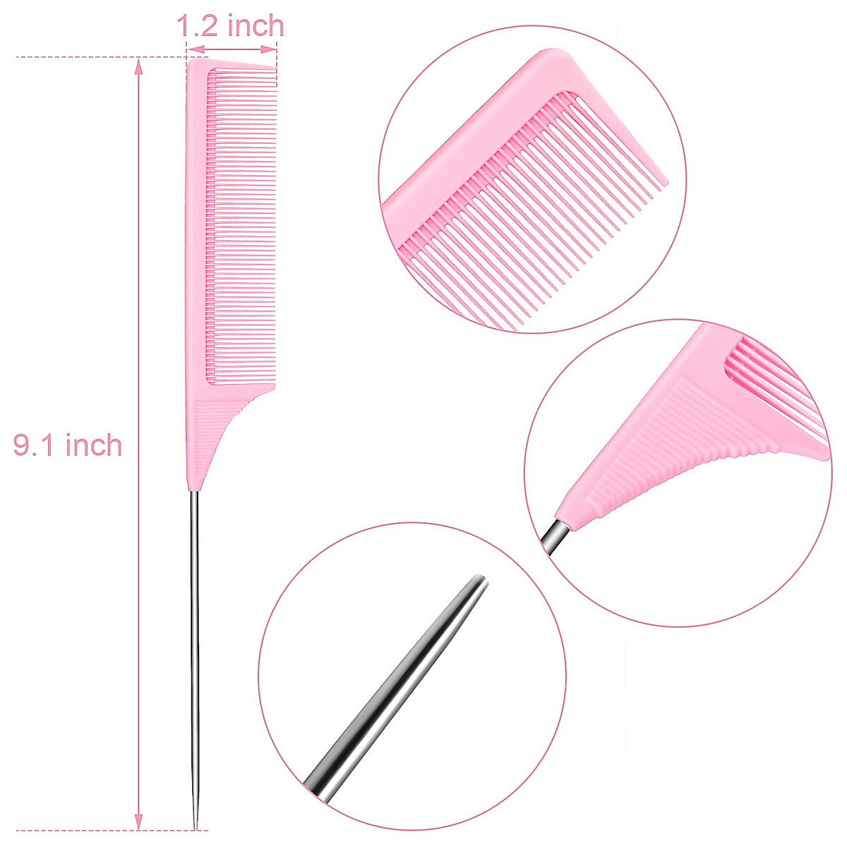 3 Packs Rat Tail Comb Steel Pin Rat Tail Carbon Fiber Heat Resistant Teasing Combs with Stainless Steel Pintail (Pink)