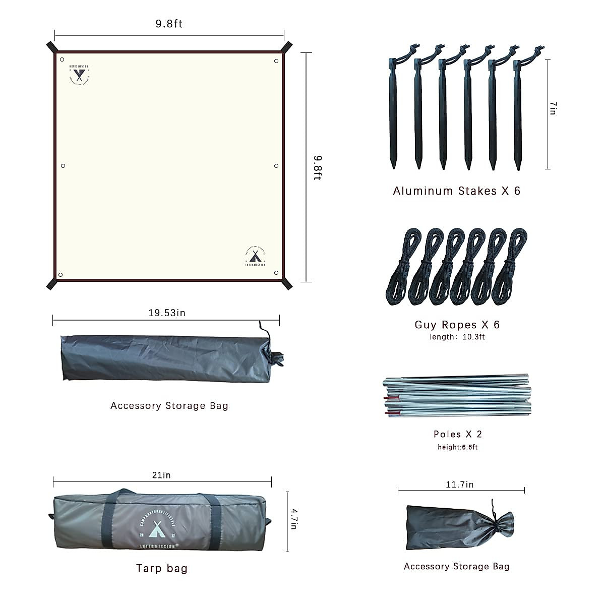 Intermission Camping Tarp and Pole Kit, 10 * 10ft, Waterproof, Lightweight for Camping,Camping tarp with Poles,Waterproof Camping tarp, Backpacking, Outdoor, Picnic, Sunshade,Ultralight Aluminum Pole