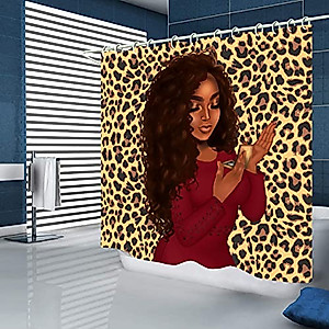 Classic African American Shower Curtains for Bathroom, Bathroom Sets with Shower Curtain and Rugs, Toilet Lid Cover Bath Mat, 4PCS Black Girl Leopard Print Bathroom Accessories (Yellow)