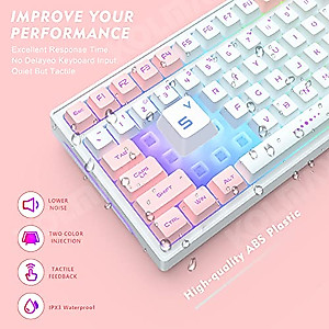 CK98 Wireless Gaming Keyboard and Mouse Combo,Rechargeable RGB White Gaming Keyboard RGB Backlit 98 Keys Mechanical Feeling Dual Color Keyboard and Gaming Mouse 3200DPI for PC Mac Gamers(WhitePink)