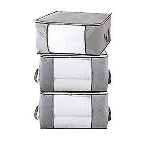 Fitwayhi Clothes Storage Bags Organizers with Window, Large Capacity for Blankets, Closets, Bedrooms (Set of 3, Gray)