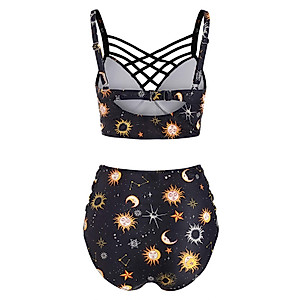 JMSUN Women's Bikini Summer Bathing Suit Sun Star Moon Lattice High Waisted Tankini Swimsuit Yellow