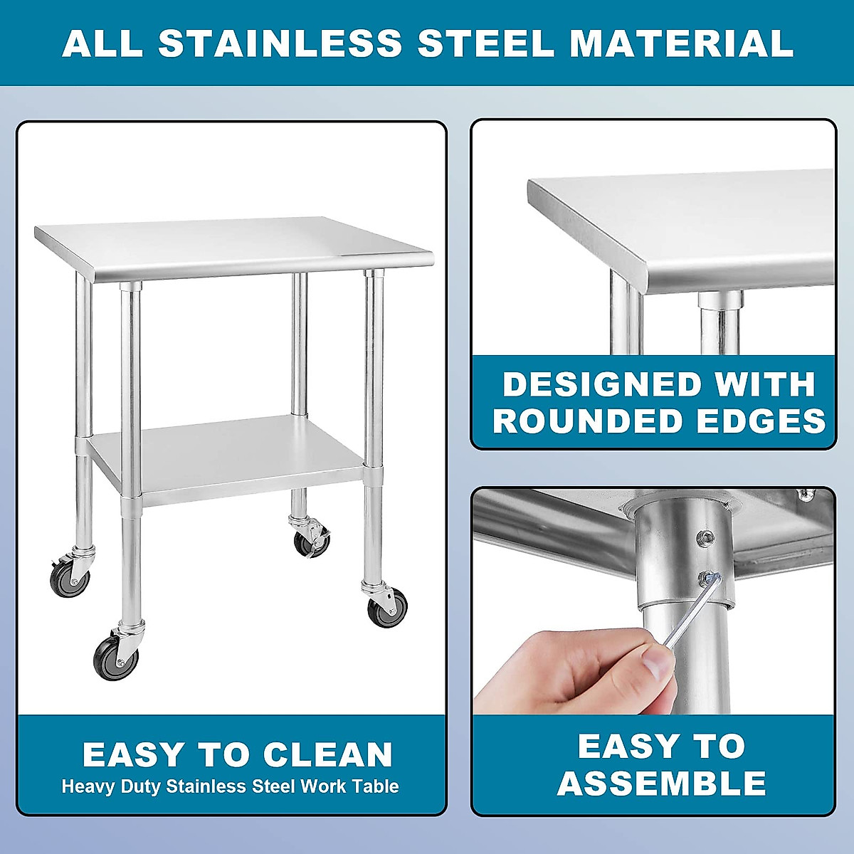 YBLFDY 24x30 Stainless Steel Table with Wheels and Adjustable Feet for Home Kitchen NSF Stainless Steel Prep Table,Metal Table with Undershelf for Garden