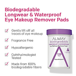 Almay Biodegradable Makeup Remover Pads, Longwear & Waterproof, Hypoallergenic, Fragrance-Free, Dermatologist & Ophthalmologist Tested, 80 Count