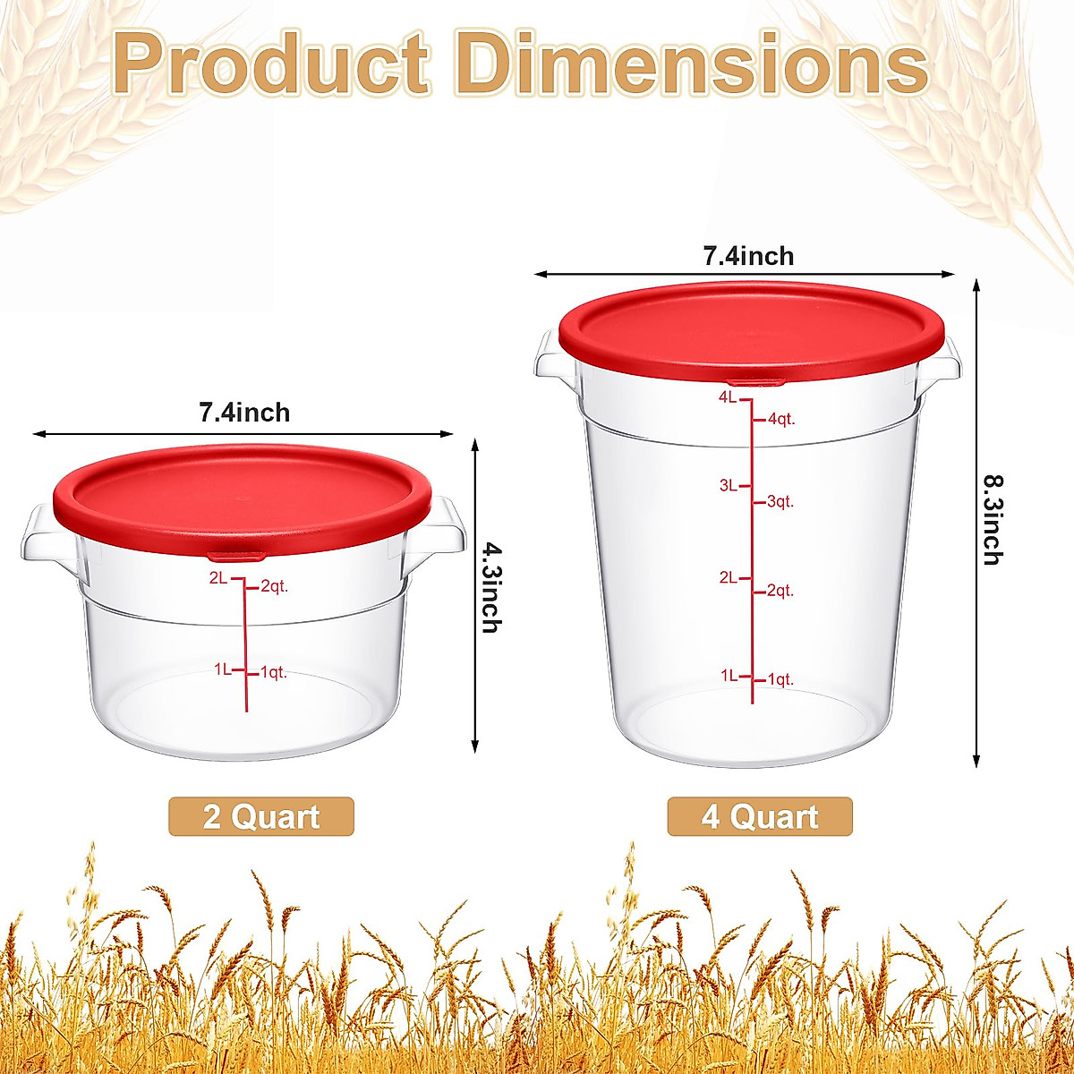 Wenqik 4 Pcs Food Storage Container with Lids Set Proof Dough Round Clear Commercial Containers with Scales and Handles for Bread Dough Rise Home Restaurant Food Storage 2 Qt 4 Qt (Red)