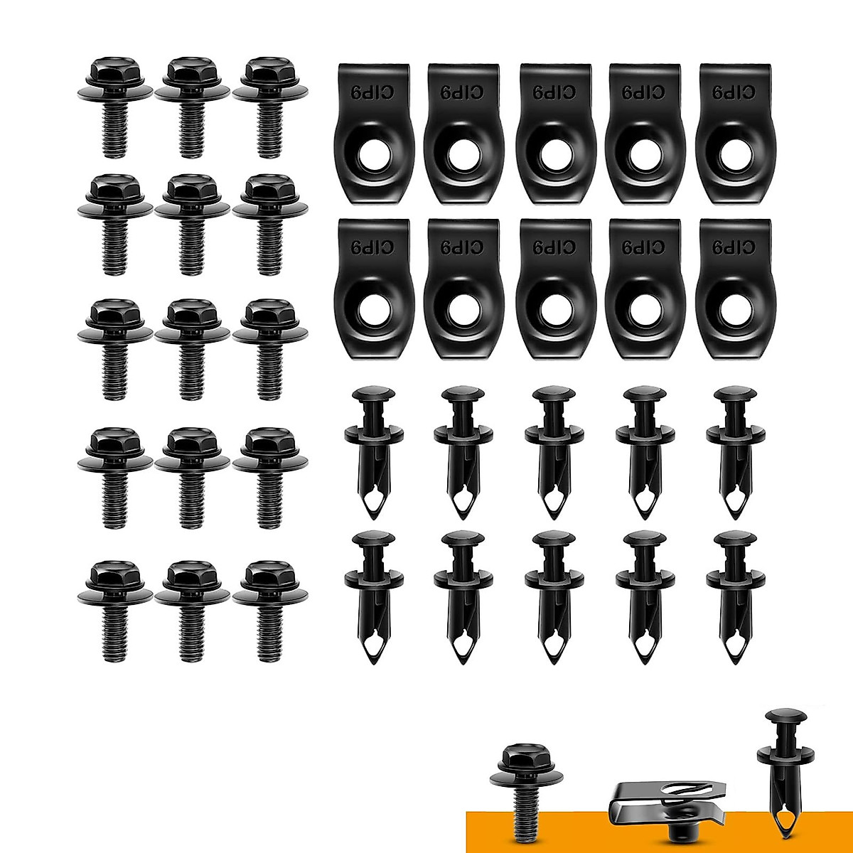 ZBGUN 35 PCS Car Engine Lower Cover Splash Guard Body Bolts Set, Fender Lining Push Rivet Clamp, Universal Metal U-Shaped Clamp Fastening Accessories, Suitable for Most Cars, Trucks, SUVs (Black)