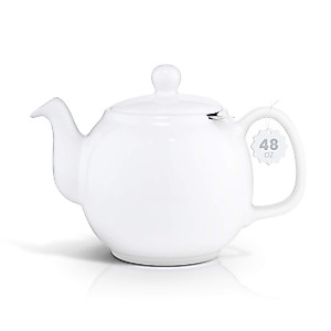 SAKI Large Porcelain Teapot, 48 Ounce Tea Pot with Infuser, Loose Leaf and Blooming Tea Pot - White