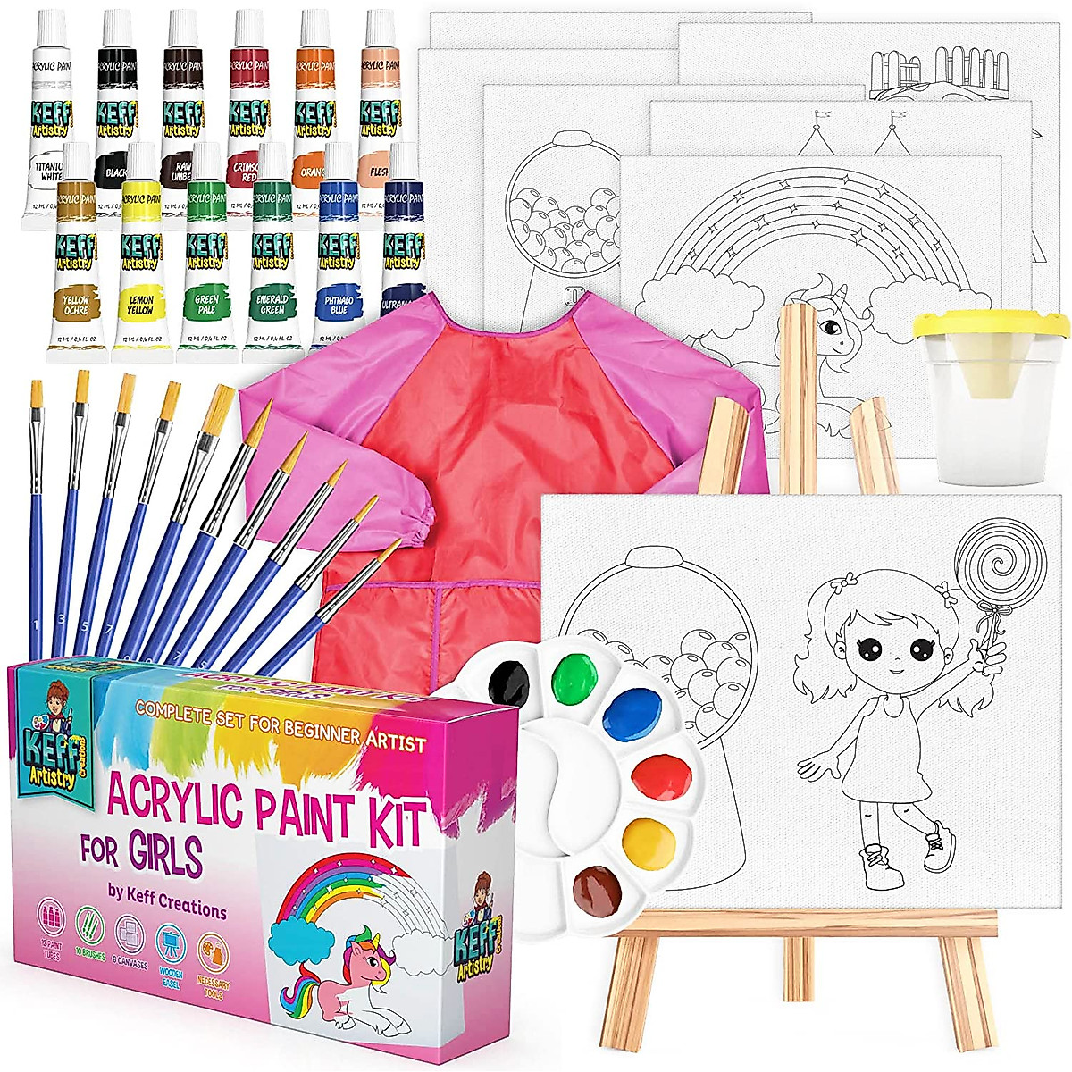 KEFF Paint Set for Kids, Art for Kids - Paint Kit with Non Toxic Washable Acrylic Paint for Kids - Kids Painting Set with Pre-Drawn Canvas Boards, Easel, Brushes, Kids Paint, Palette & Smock for Girls