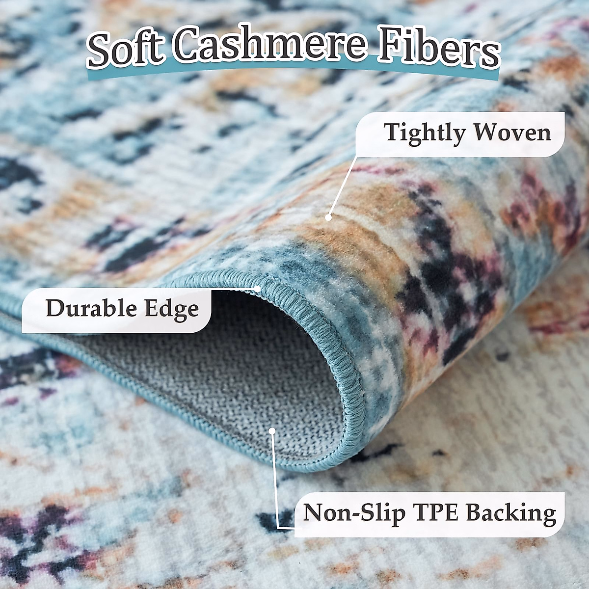 VK VK·LIVING Machine Washable Rug 4'x6' Vintage Design Washable Area Rugs with Non Slip Rugs for Living Room Bedroom Traditional Woven Rug Carpet Stain Resistant Dining Home Office Boho Rug,Cyan&White