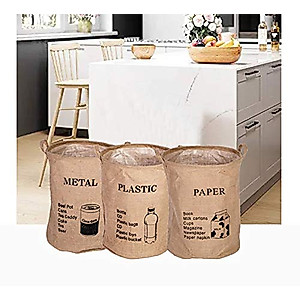 Natural Jute Recycling Bin Bag, Waste Bin Bags Basket for Home Kitchen Office - Round Reusable Recycle Garbage Trash Sorting Bins Organizer Baskets Recycling Container for Plastics