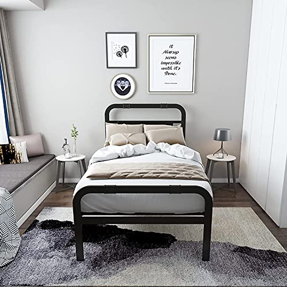 Emiosmt 14 Inch Twin Metal Platform Bed Frame with Headboard and Footboard,2500lbs Heavy Duty Steel Slat Support,No Box Spring Needed,Easy Assembly,Square Tube,Twin Bed Frame