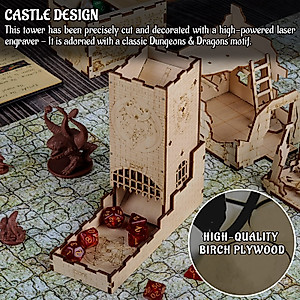 Castle Dice Tower with Tray Wood Laser Cut Dragon Carving Easy Roller Perfect for Board Game, D&D and RPG (Castle)