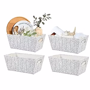 DECOMOMO Gift Basket Empty - Small Basket for All Occasions: Holiday, Baby Shower, Wedding, Anniversary | Perfect for Organizing Countertops, Drawers, and Toiletries (Set of 4 - Pattern Grey)