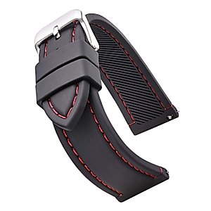 STUNNING SELECTION ALPINE Smooth and sporty silicone stitched watch band with quick release spring bars- Black with red stitching - 22mm (fits wrist sizes 6 1/4 to 8 inch)