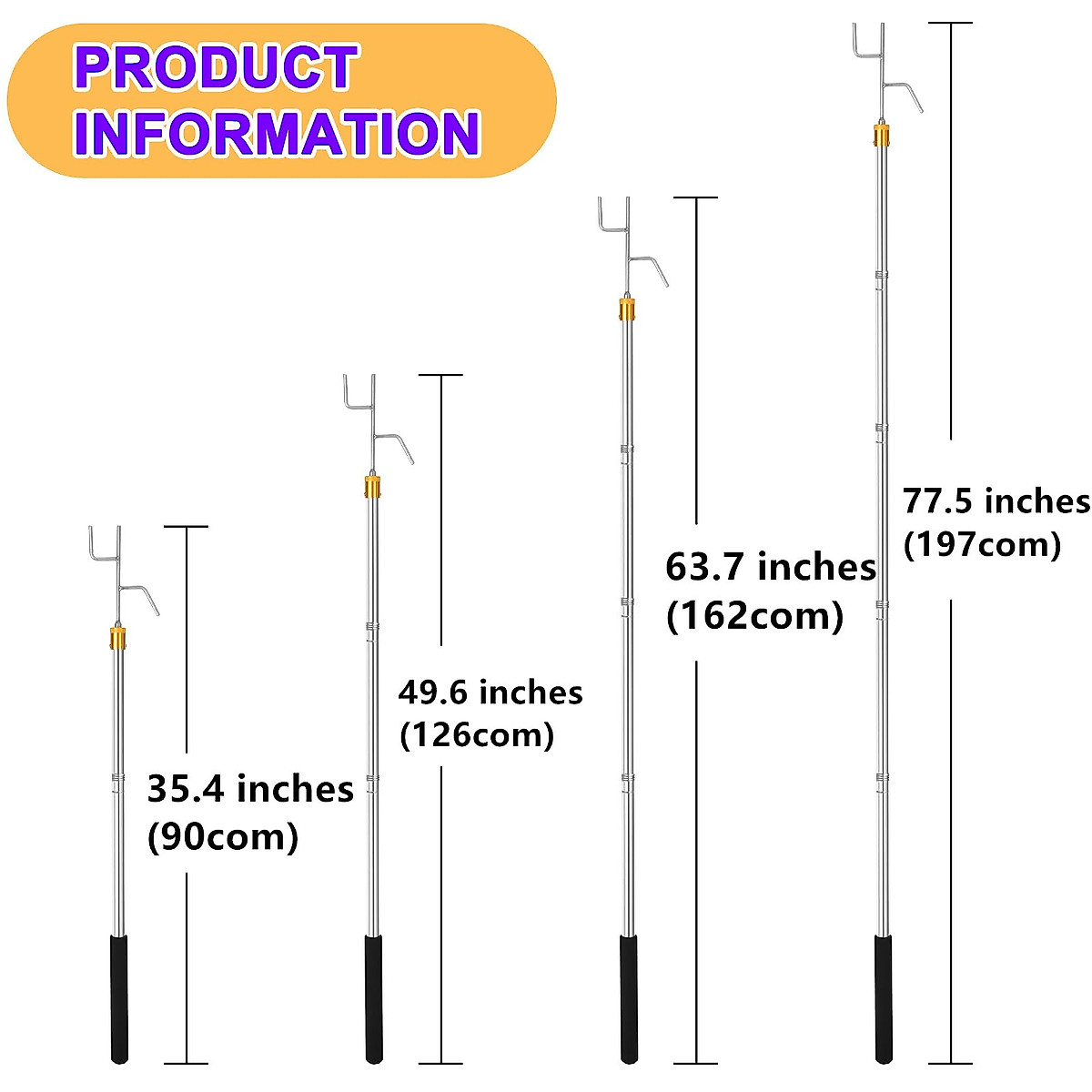 Clothes Hook Pole,29-71 Inch Adjustable Extension with Hook Bar.Suitable for Clothes Hanger Rod, Christmas light, Hanging Flowerpot Plants and Bird Feeder, Tent Shelter Camper Canopy (with two hooks)