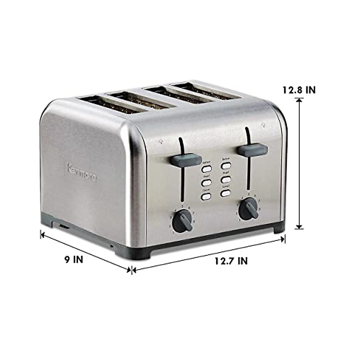 Kenmore 4-Slice Toaster, Stainless Steel, Dual Controls, Extra Wide Slots, Bagel and Defrost Functions, 9 Browning Levels, Removable Crumb Trays, for Bread, Toast, English Muffin, Toaster Strudel