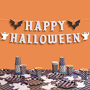 xo, Fetti Happy Halloween Iridescent Foil Banner - 5 Ft. | Spooky Season Decoration, Haunted House Party Sign, Ghost Decor, Bat Backdrop