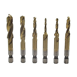 6pcs 1/4 inch Titanium Combination Drill and Tap Bits Set Screw Tapping Bit Tool for Tapping Metric (M3-M10) Drilling Tapping and Countersinking HSS4341 Steel