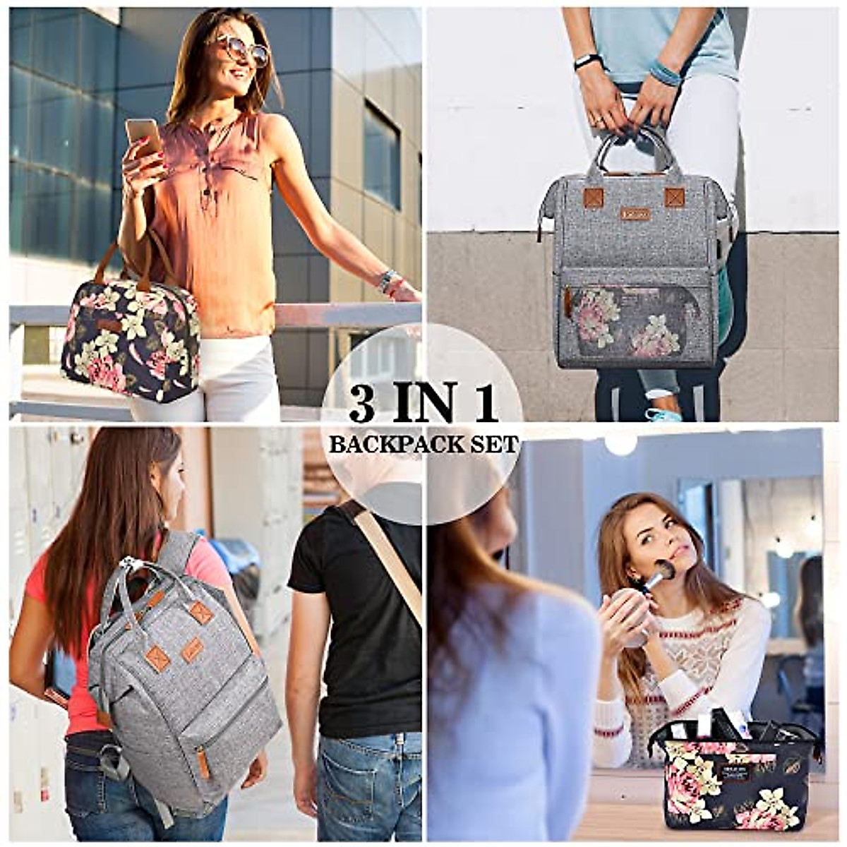 UTOTEBAG Laptop Backpack for Women, Bag Set Backpack for 15.6inch Computer with USB Charging Port, Water Resistant College Nurse Backpack Set with Makeup Bag Lunch Bag for Work/Business/Travel, Gray