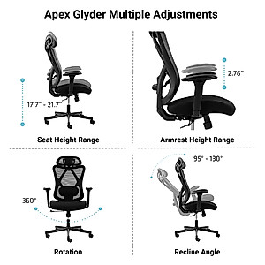 Progressive Desk Ergonomic Office mesh Chair with Cushion seat and armrest. Fully Adjustable and Reclining - Apex Glyder