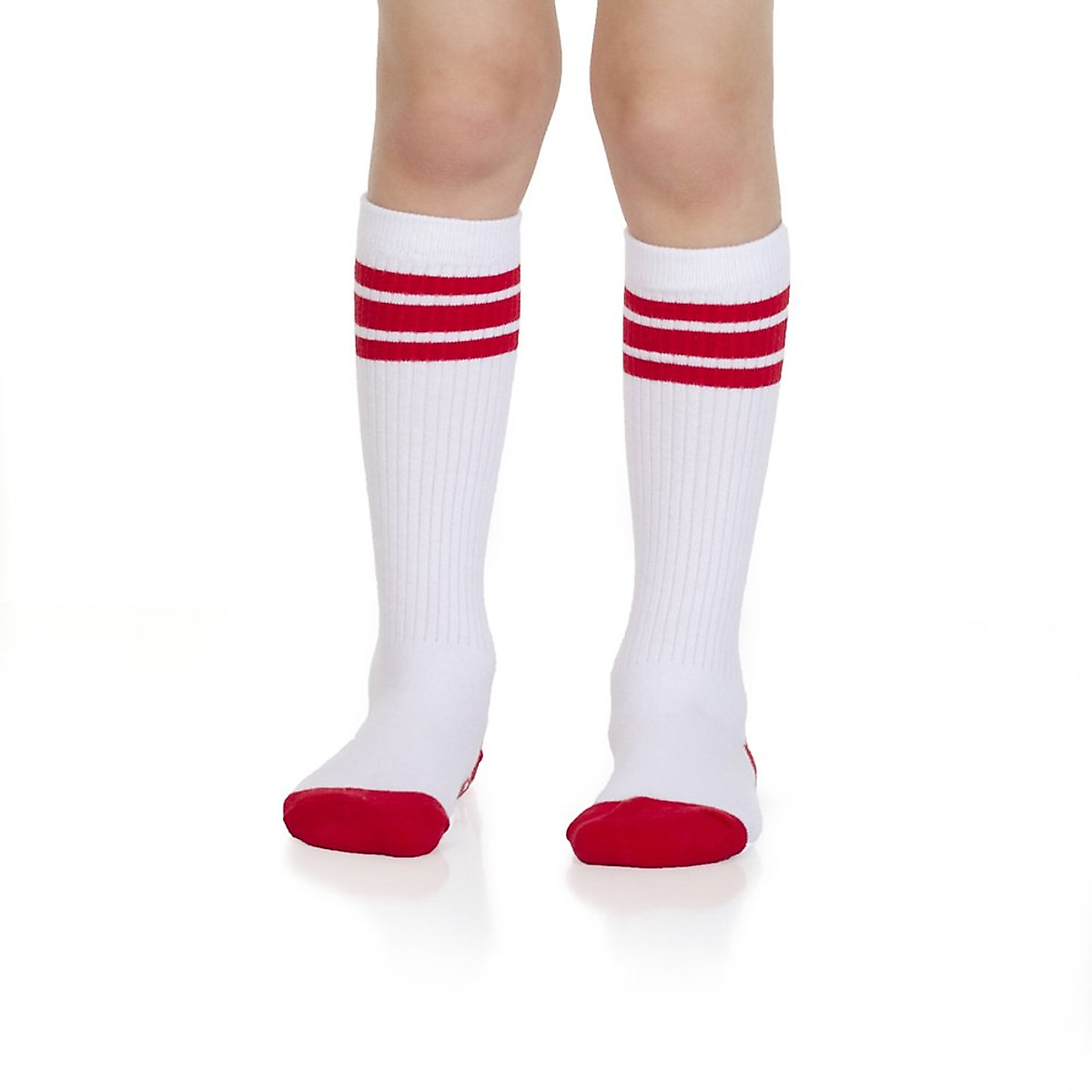 juDanzy knee high team color tube socks for toddler and youth boys and girls (2 Pack) (4-6 Years (Shoe Size 9C-1) With Anti-slip grip, Red)
