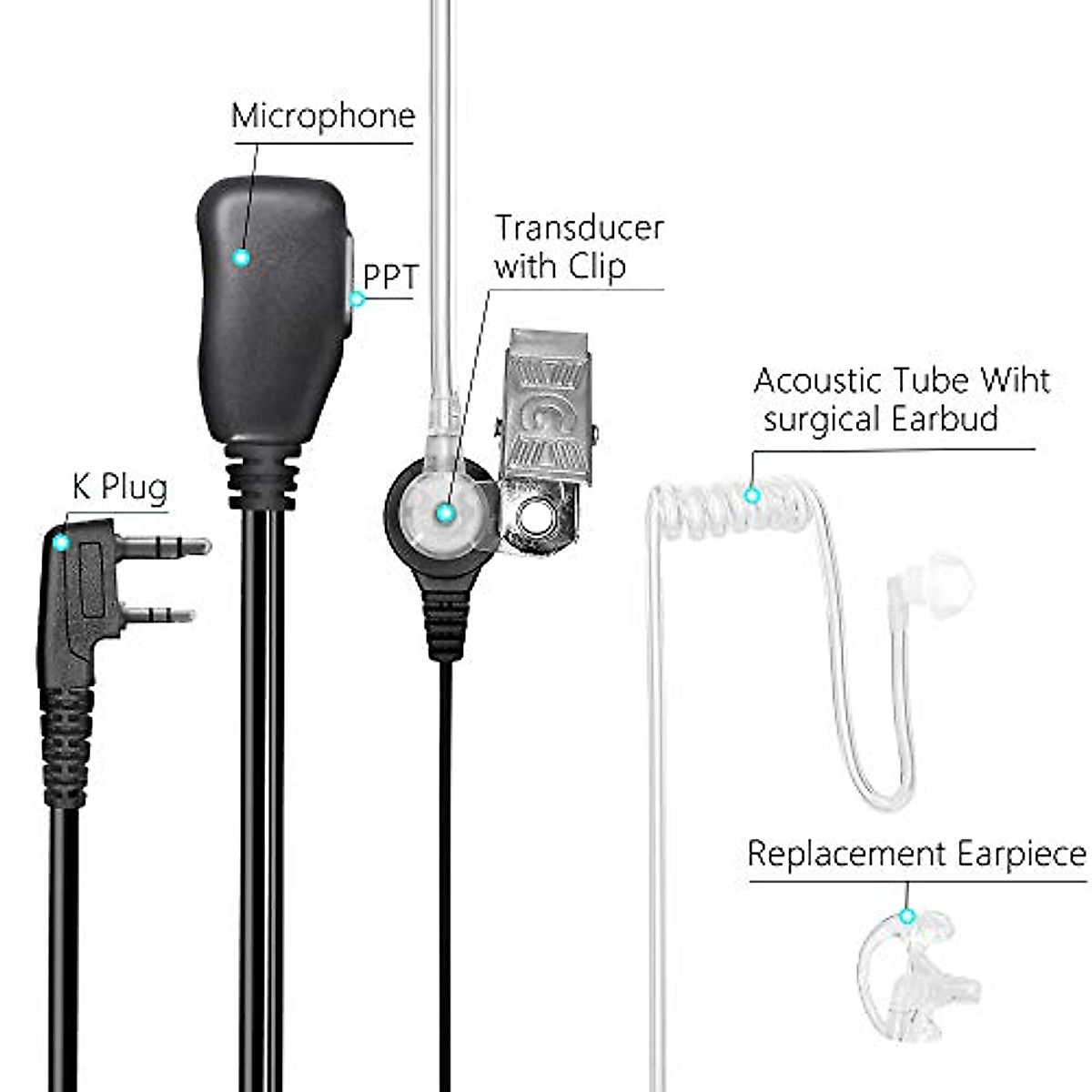 Walkie Talkie Earpiece with MIC 2 Pin Acoustic Tube Headset Two Way Radio Earpiece for BF-888S AR-5 UV-5R H-777 TW-325 Two Way Radio (6 Pack)