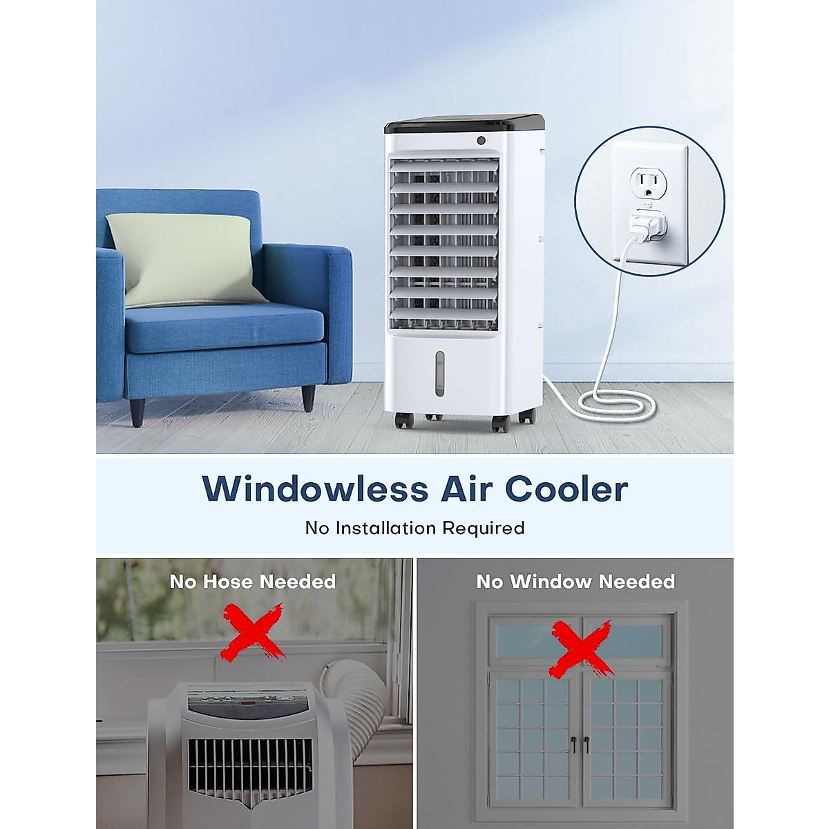 CENSTECH Evaporative Air Cooler, Swamp Cooler Air Conditioner w/ 12H Timer for Auto-off, 6 Upgraded Ice Packs, 3-Speed Windowless Air Conditioner, Smart Remote, Dual Tank Portable Air Cooler for Room