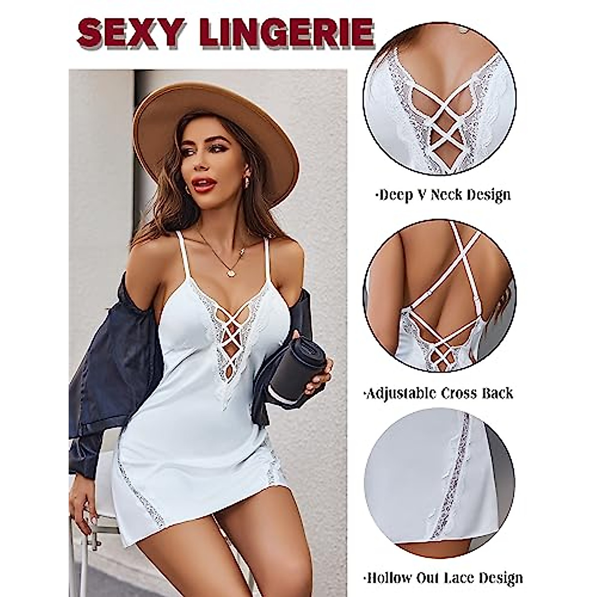 Avidlove Women Chemise Lingerie Satin Lace Nightgown Lace Babydoll Sleepwear Dress White Large