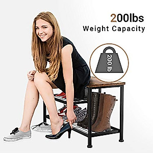 Karcog Shoe Rack Bench for Entryway with Boot Organizer, Industrial Bench with Shoe Storage Shelf, 3-Tier Small Rustic Shoe Rack for Small Spaces, Metal Shoe Rack with Wood Bench