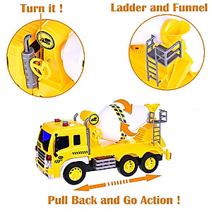FMT 1:16 Friction Powered Toy Cement Mixer Truck With Lights & Sound Push & Go Friction Truck Toy For Boys & Girls