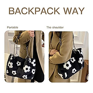 Women Girls Furry Shoulder Bag Fluffy Tote Bag Cute flowers Furry Underarm Bag