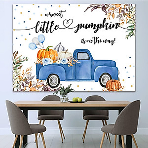 Little Pumpkin Baby Shower Decorations for Boy Fall Backdrop A Sweet Little Pumpkin is On The Way Its a Boy Blue Truck Leaves Autumn Thanksgiving Day Background Photography Party Banner Supplies 7x5ft