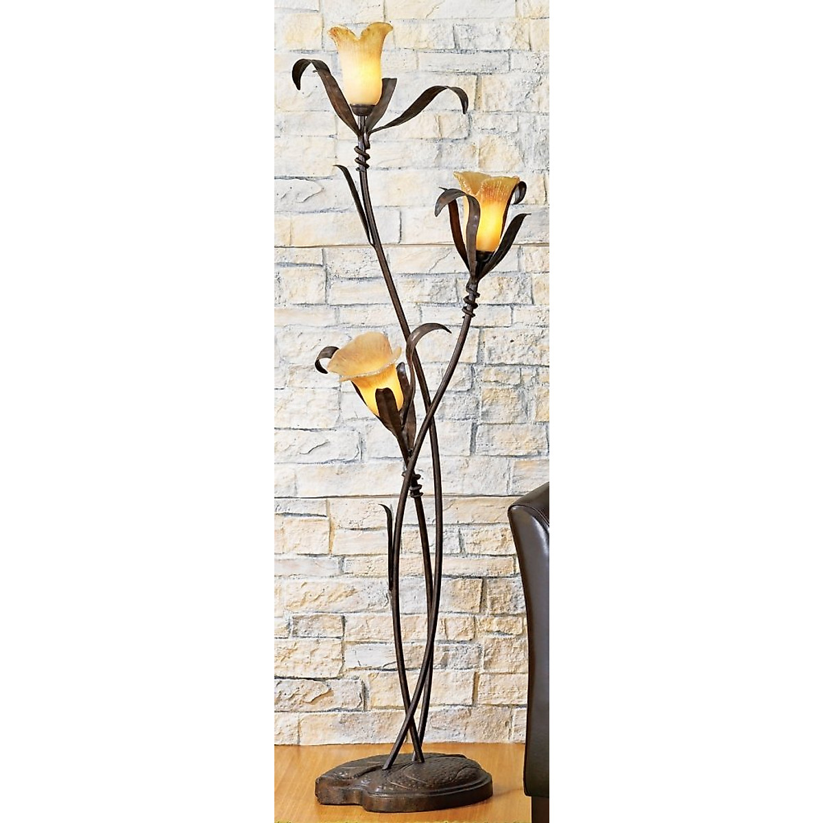 Franklin Iron Works Rustic Farmhouse Sculptural Floor Lamp Standing 68 1/4" Tall Bronze Gold 3-Light Amber Glass Intertwined Lily Flower Shade for Living Room Reading Bedroom Office House Home