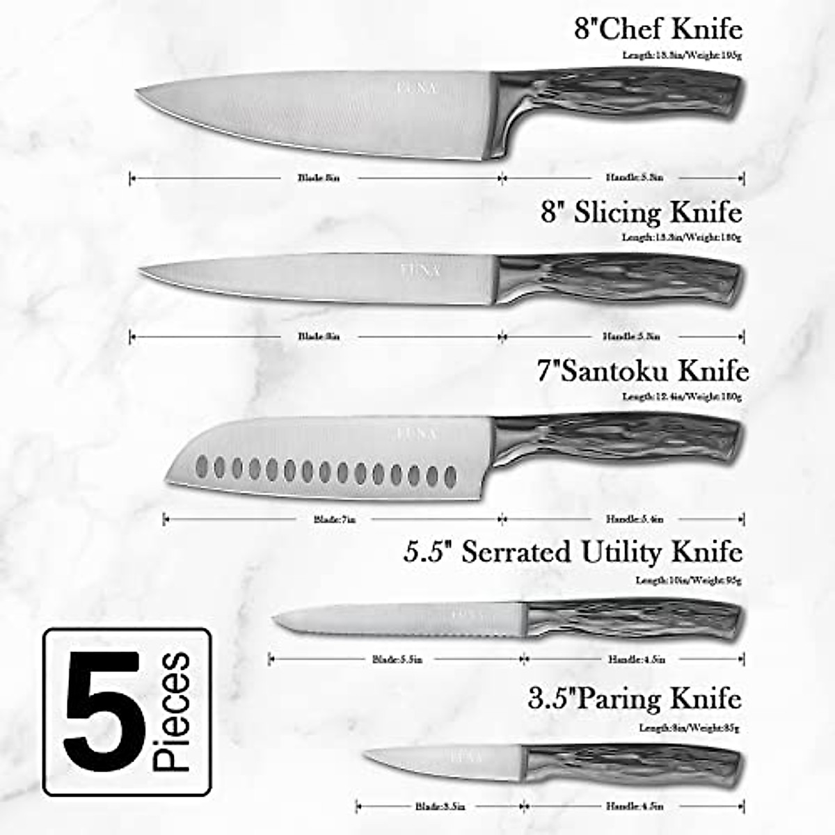 EUNA Chef Knife Set, 5 Pieces Ultra Sharp Kitchen Knife Set High Carbon Stainless Steel Cooking Knives Set with PP Ergonomic Handle, Sheaths and Gift Box (Grey)