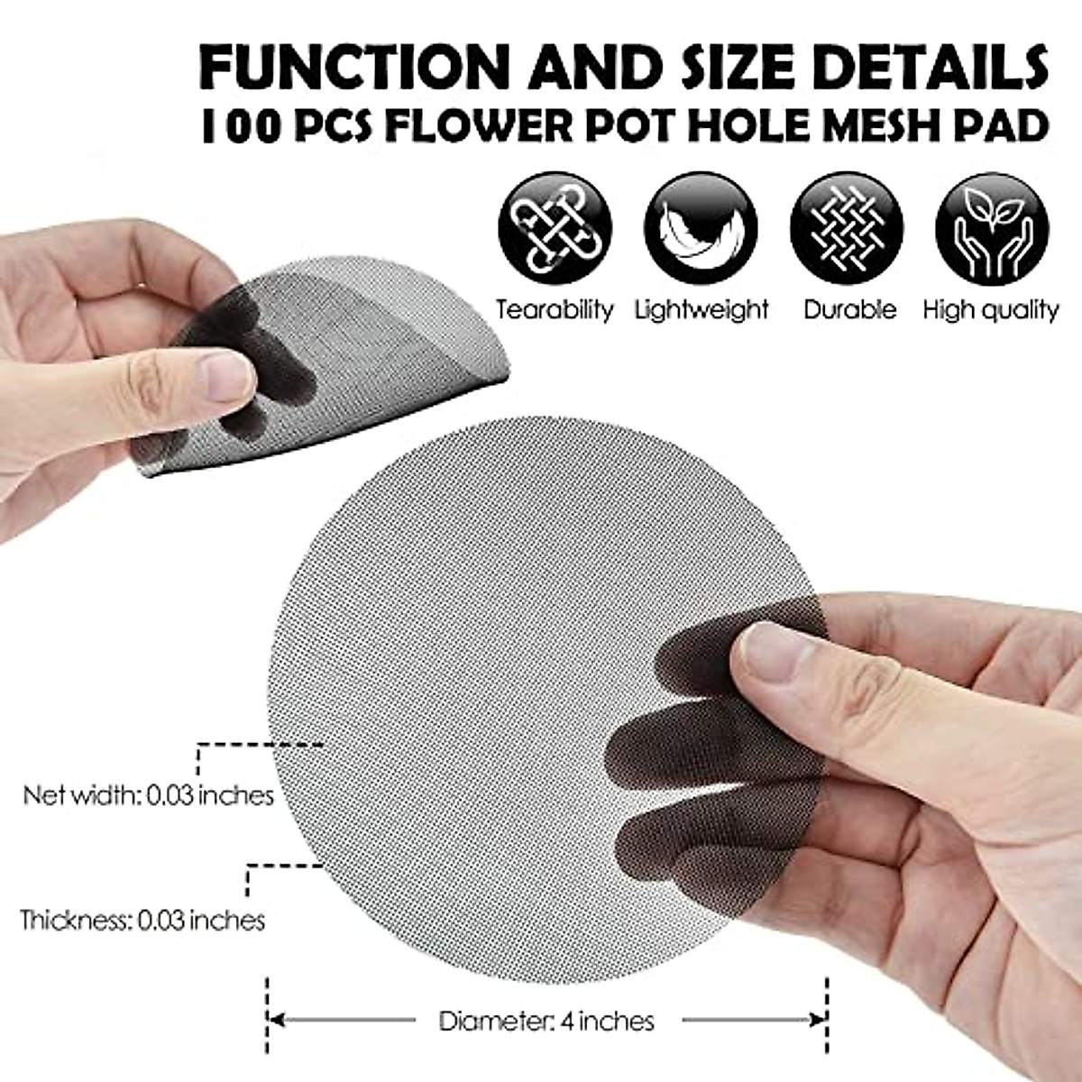 Grandisk 100 PCS Flower Pot Hole Mesh Pad 4 Inch Round Drainage Hole Screens Garden Plant Bonsai Pot Bottom Grid Mat Plastic Mesh Screen Breathable Gasket for Prevent Soil Loss (4 x 4 inch), Black