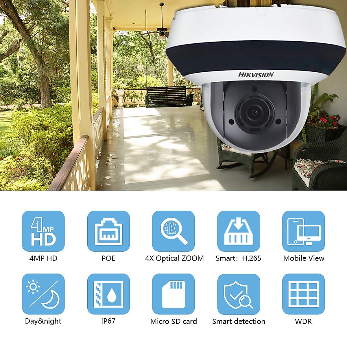 Hikvision 4MP POE Mini PTZ IP Camera DS-2DE2A404IW-DE3,Pan/Tilt/2.8mm~12mm 4X Optical Zoom，Smart IR Night Vision，Audio/Alram Interface， H.265+, Upgrade Version for DS-2DE3304W-DE