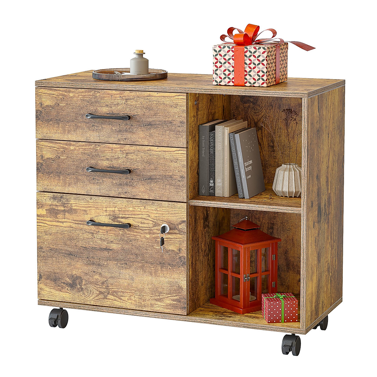 FEZIBO 3-Drawer Mobile File Cabinet, Lateral Filing Cabinet with Lock, Printer Stand with Open Storage Shelves for Home Office, Rustic Brown