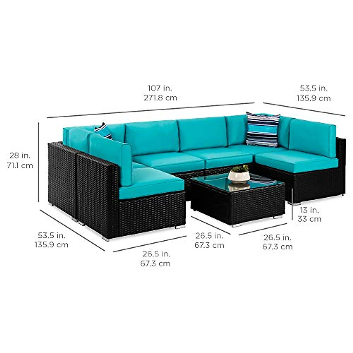 Best Choice Products 7-Piece Modular Outdoor Sectional Wicker Patio Furniture Conversation Sofa Set w/ 6 Chairs, 2 Pillows, Seat Clips, Coffee Table, Cover Included - Black/Teal