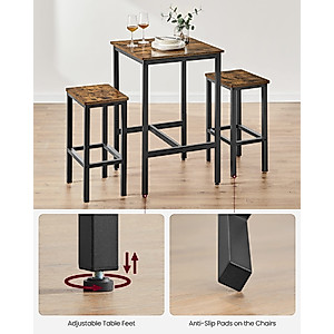 VASAGLE Bar Table and Chairs Set, Square Bar Table with 2 Bar Stools, Dining Pub Bar Table Set for 2, Space Saving for Kitchen Breakfast, Living Room, Party Room, Rustic Brown and Black