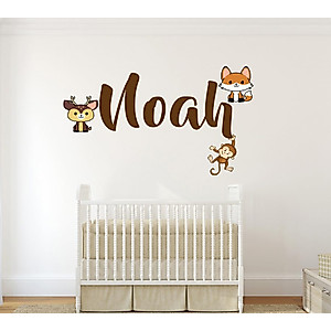 Personalized Boys Name Wall Decal - Boys & Girls Custom Name Wall Decal - Fox Wall Decal -Baby Deer Fox and Monkey Animal Theme - Wall Decal for Nursery Bedroom Decoration (Wide 16"x10" Height)