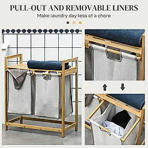 HOMCOM Double Laundry Hamper 2 Section Bamboo Laundry Basket with Storage Shelf 2 Pull-Out and Removable Bags for Bedroom Bathroom Laundry Room 2 x 10.7 Gallons Natural Wood and Dark Gray