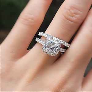 DovEggs 2ct Center 7.5mm Cushion Cut 2.3mm Width G-H-I Color Moissanite Engagement Ring Solitaire with Accents 14K Gold QUALITY Sterling Silver Engagement Ring for Women (6)